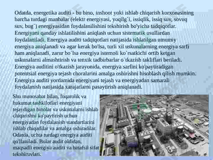 Sanoat korxonalari elektr taminot tizimida energetik audit
