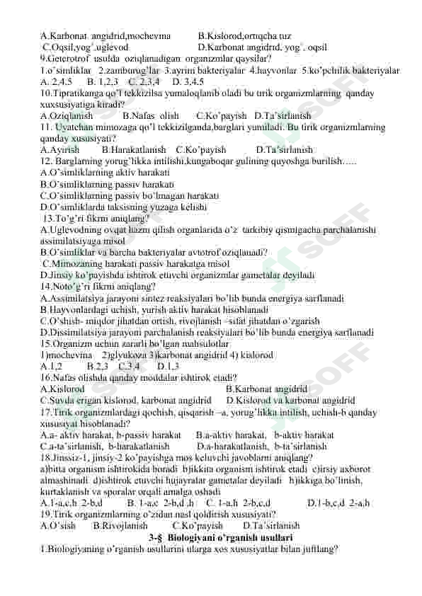 Biologiya fanidan mavzulashtirilgan testlar / 5-sinf