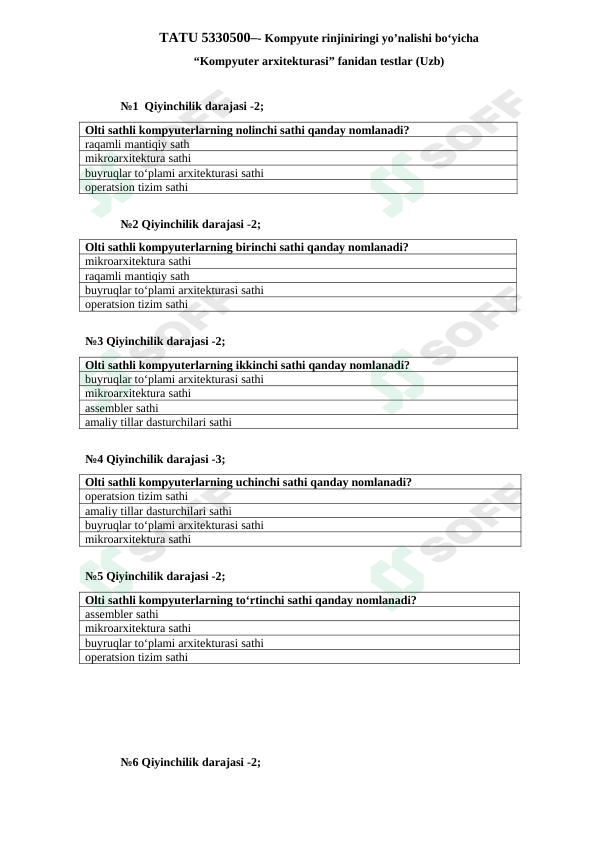 "Kompyuter arxitekturasi" fanidan testlar (uzbek tilida)