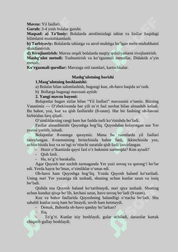 “Yil fasllari” mavzusida mashg'ulot ishlanmasi.