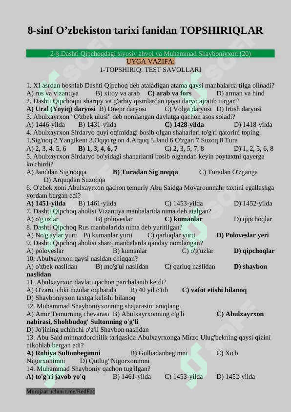 8-sinf O'zbekiston tarix fanidan mavzulashtirilgan test va savollar to ...