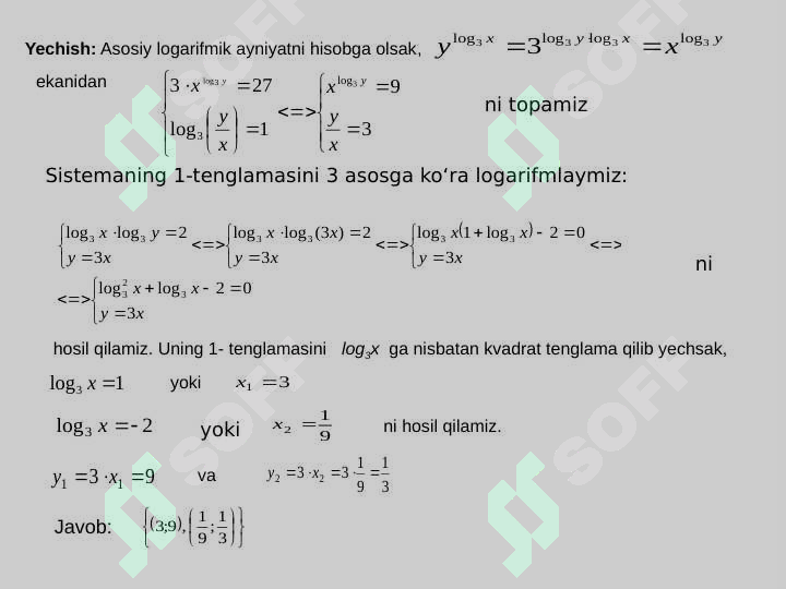 Ko’rsatkichli va logarifmik tenglamalar sistemasiga oid misollar yechish
