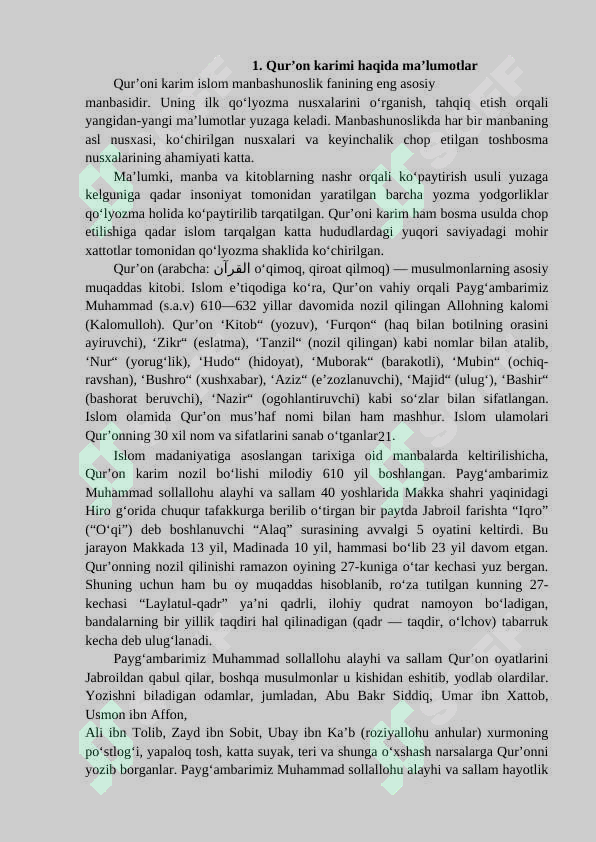 MUSTAQILLIK YILLARIDA QUR'ONNING O'ZBEK TILIGA TARJIMA QILINISHI VA ...