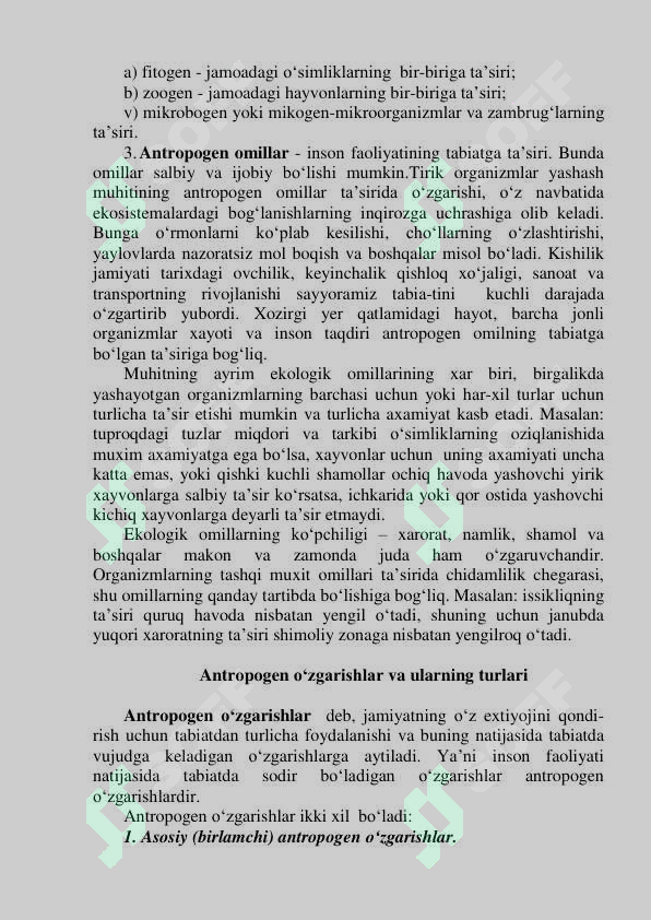 EKOLOGIK OMILLAR VA ULARNING TURLARI