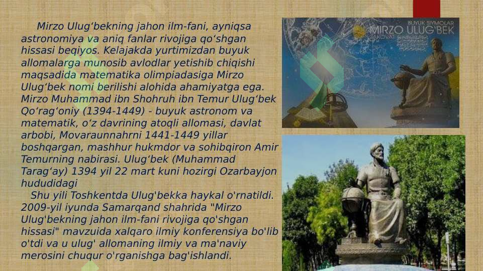 MIRZO ULUG'BEKNING ,,MATEMATIKAGA QO'SHGAN HISSASI
