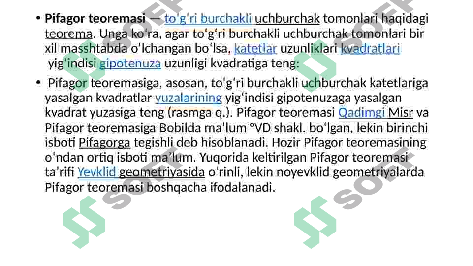 Pifagor teoremasi va uning tatbig’iga doir misollar