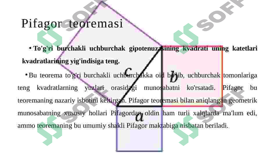 Pifagor teoremasi va uning tatbig’iga doir misollar