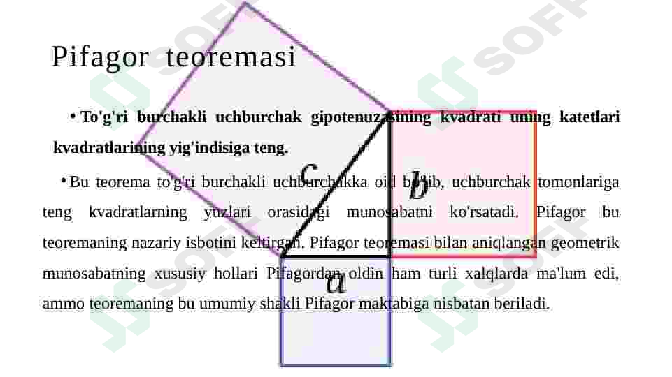 Pifagor teoremasi va uning tatbig’iga doir misollar