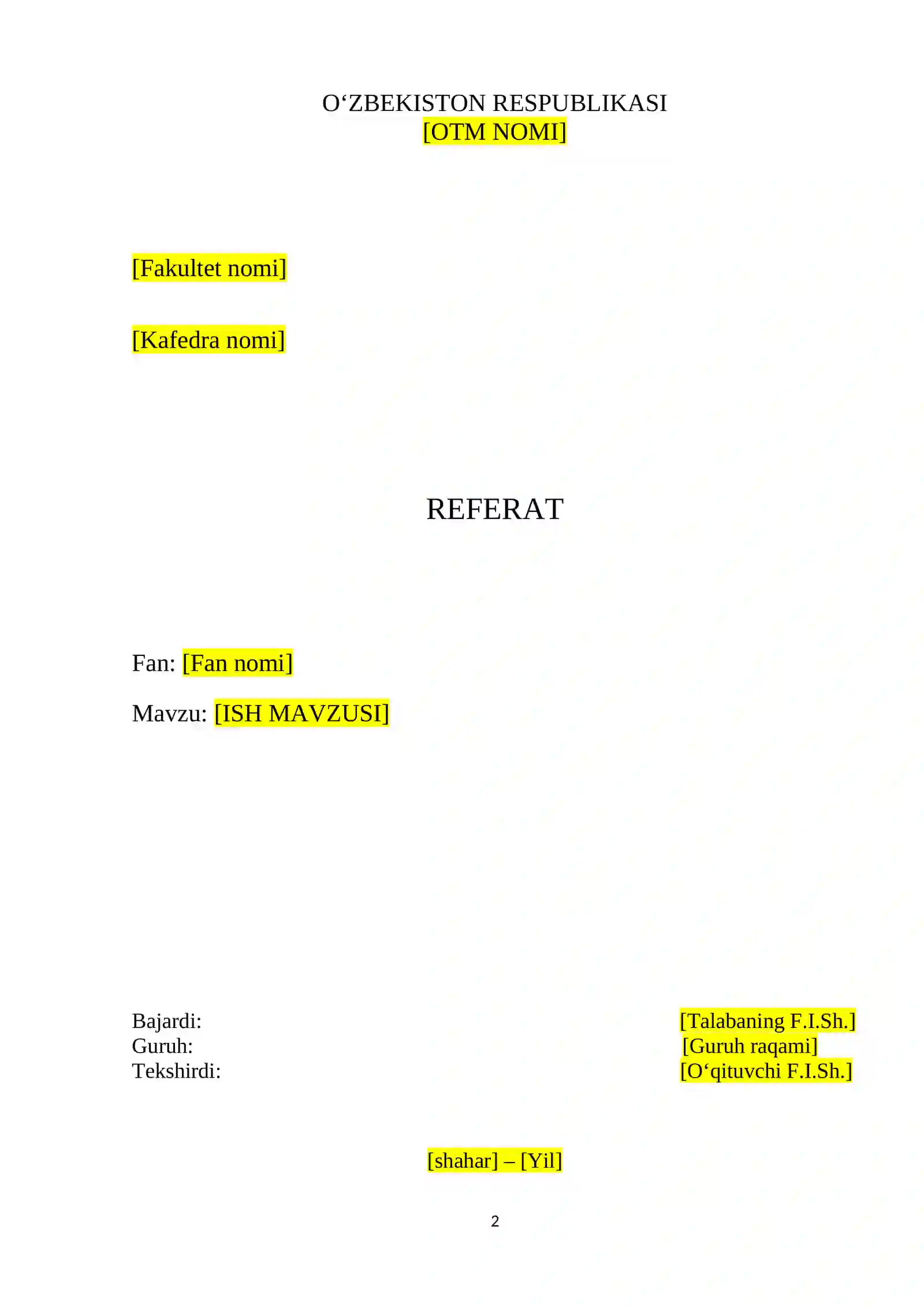 Mustaqil ish Word shabloni (OTM standarti, avtomatik mundarija va format)