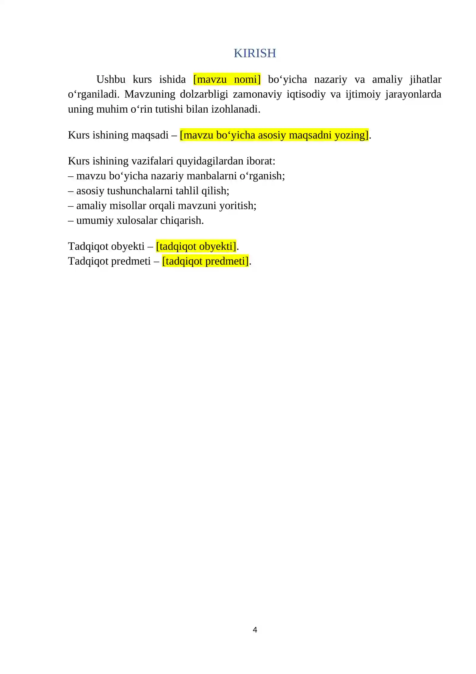 Mustaqil ish Word shabloni (OTM standarti, avtomatik mundarija va format)